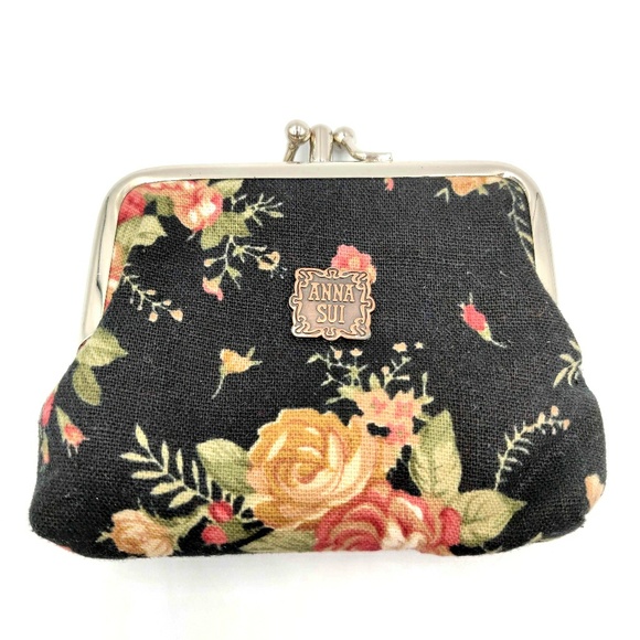 Anna Sui | Bags | New Anna Sui Change Coin Purse Wallet Black Floral ...